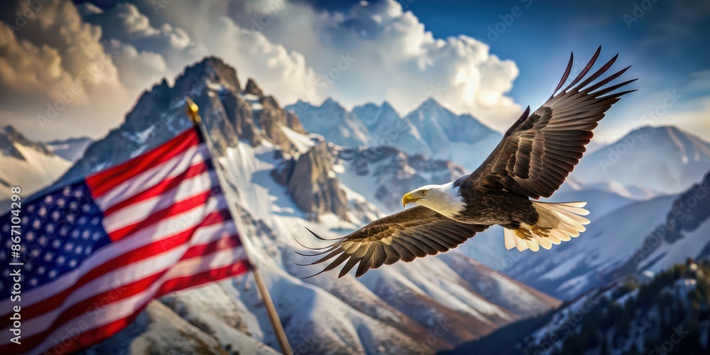 of a bald eagle soaring above mountains with faded American flag in ...