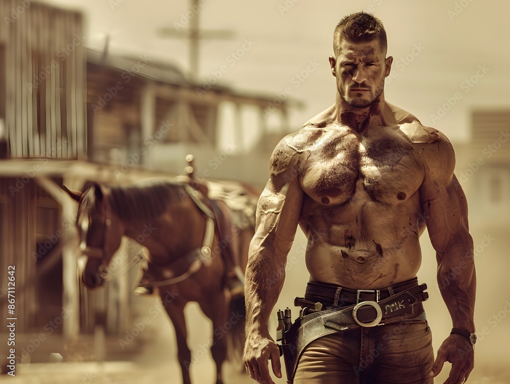 Chiseled Bodybuilder Wrangling a Horse in Gritty Wild West Saloon ...