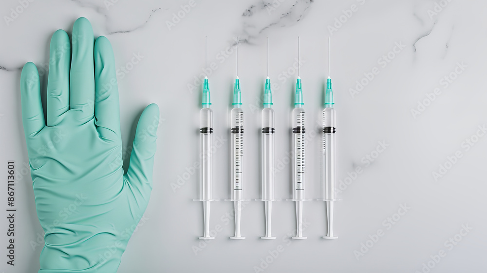 Sterile syringes with green caps lined up on a marble surface next to a ...