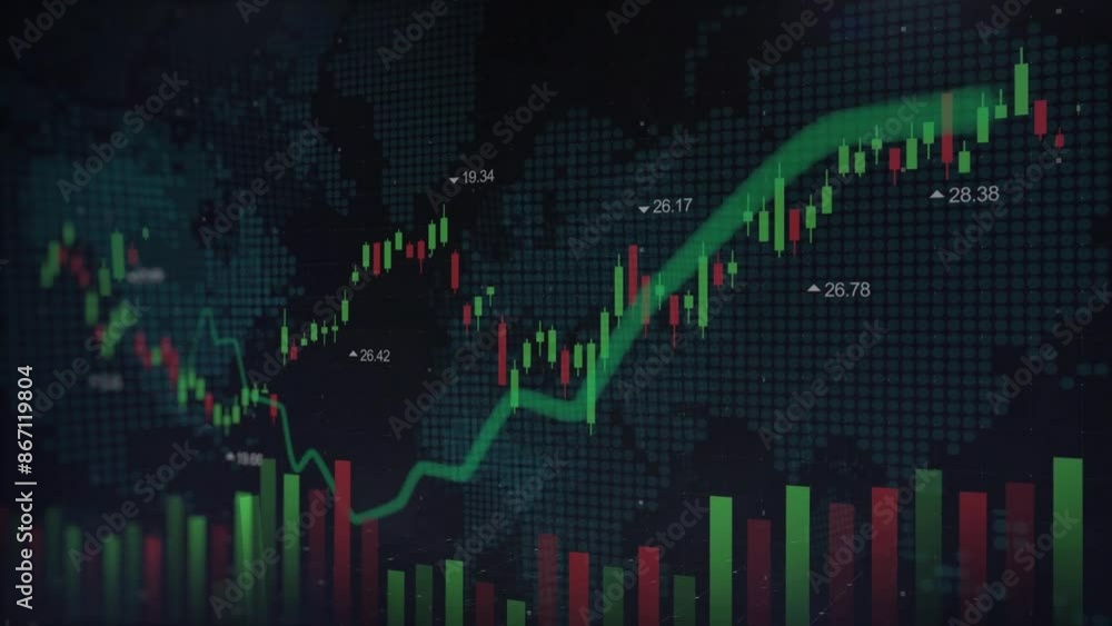 A stock market or financial chart with candlestick graph and bar lines ...