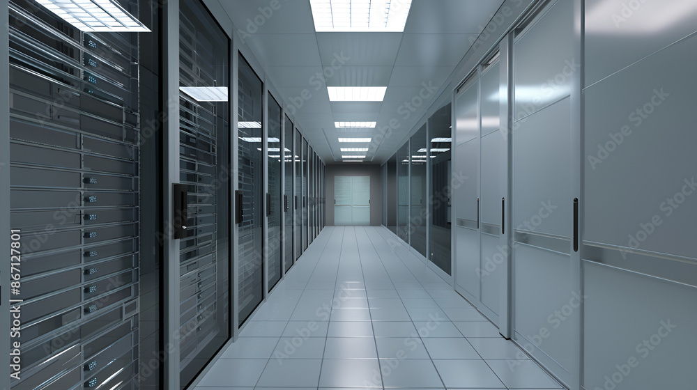 Data center with large heavy steel doors and security systems, White ...