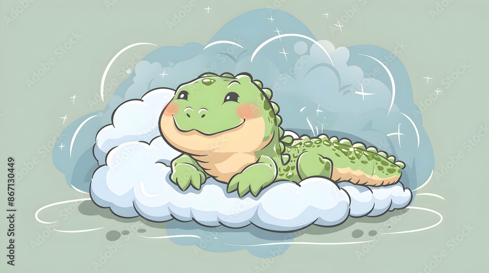 Cute Green Alligator Cartoon Illustration On Cloud Stock Illustration ...