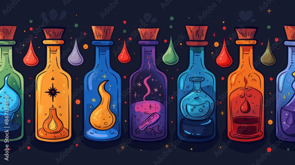 background with simplified potion bottles featuring labels, using ...
