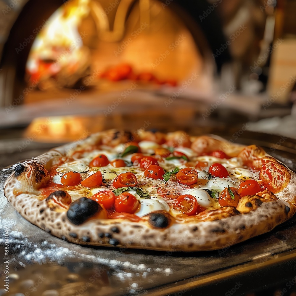 Neapolitan pizza with charred crust, fresh tomatoes, and olive oil ...