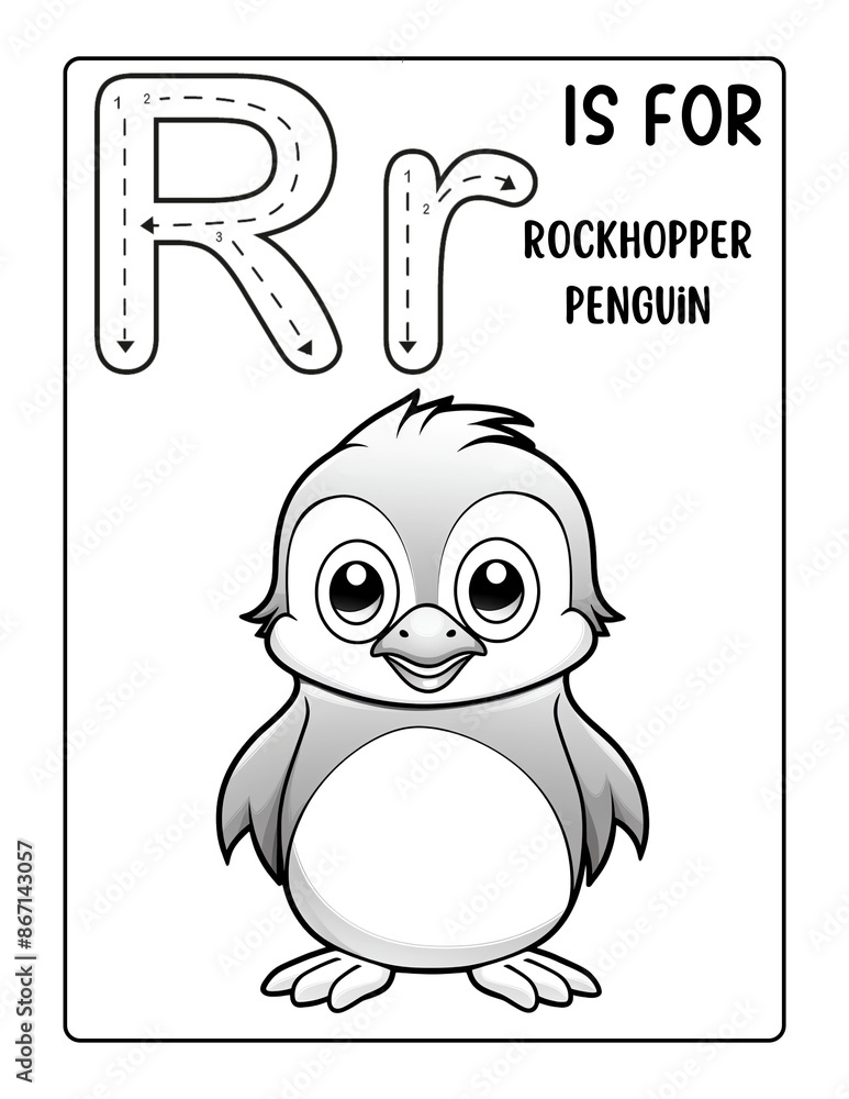 Cute rockhopper penguin, big white letter "R", simple coloring page for ...