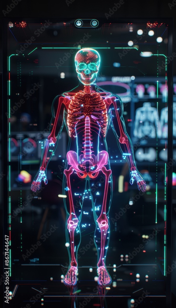 High-tech digital rendering of a human anatomy scan showcasing skeletal ...