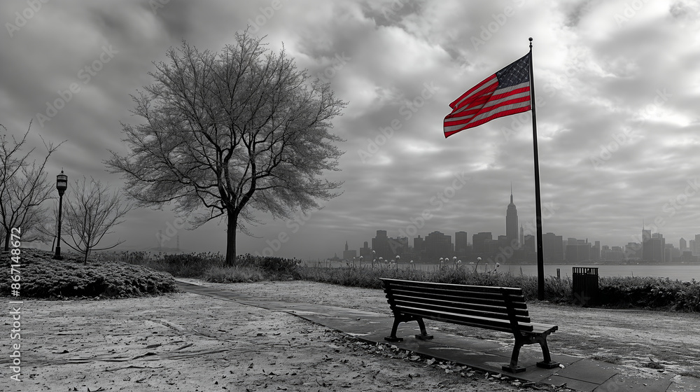 Grayscale urban park scene with a lone bench and American flag against ...
