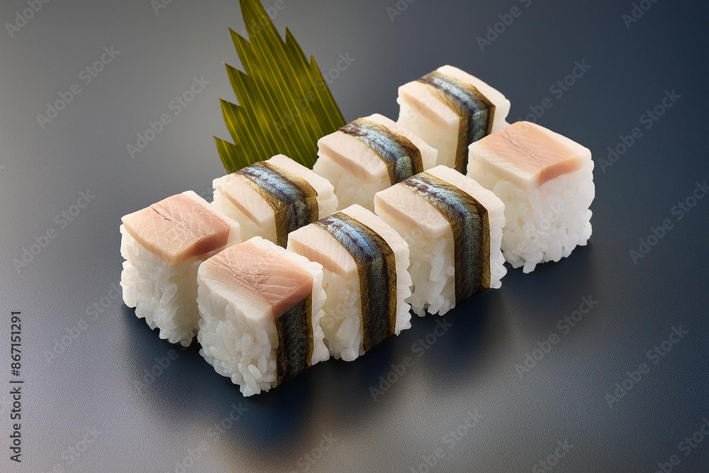 Oshi sushi (pressed sushi) featuring blocks of sushi rice and slices of ...