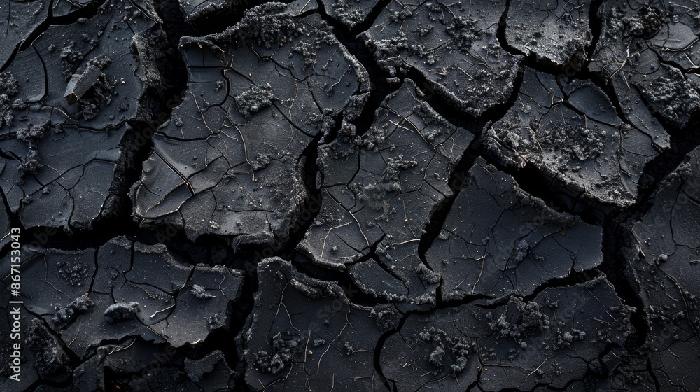 Dried black mud with deep cracks, abstract texture, high detail, dark ...
