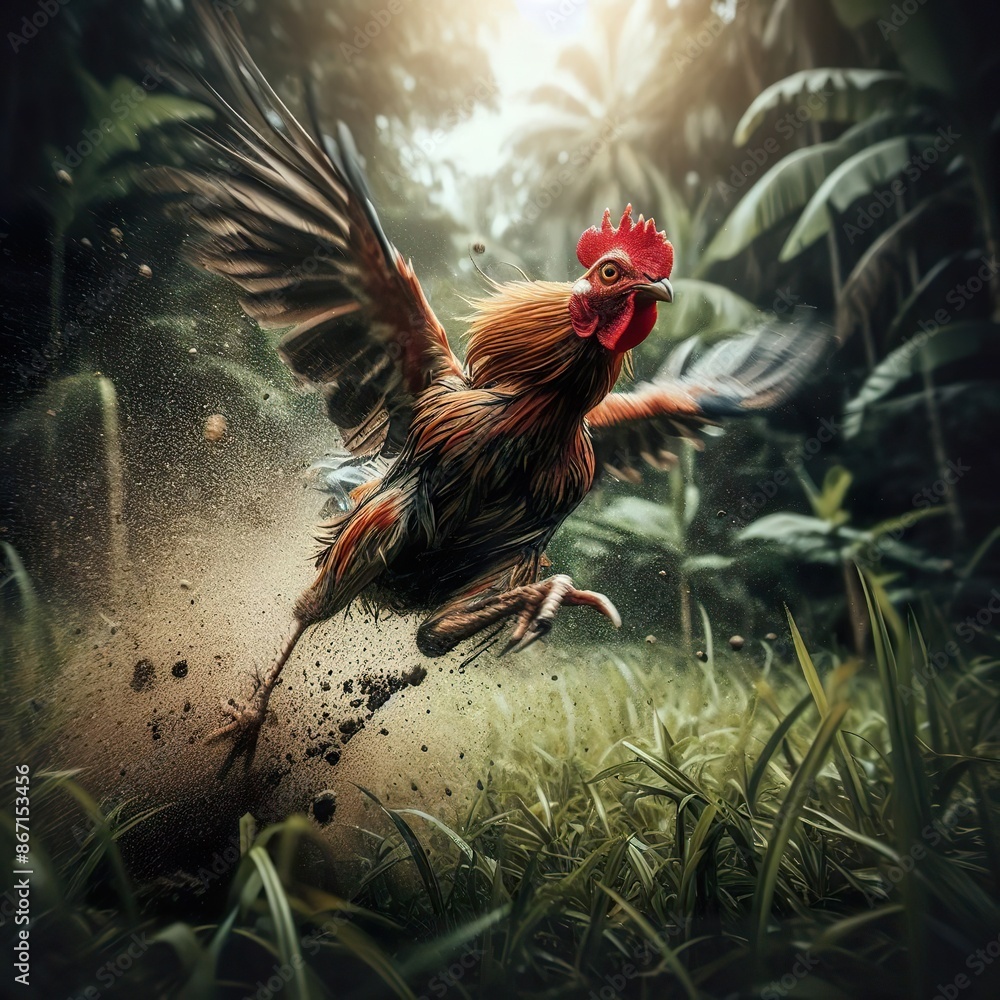 High-speed photography of a rooster running fast in the tall grass ...
