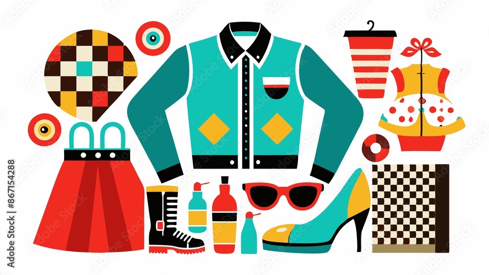 60s, clothing, 50s, set of iconic 50s and 60s clothing items displayed ...