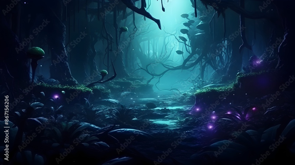 Alien Jungle with Bioluminescent Plants and Mysterious Creatures in Sci ...
