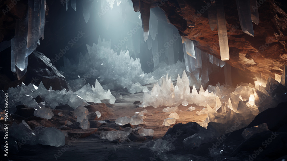 Inside a crystal cave showing large clear quartz crystals emerging from ...