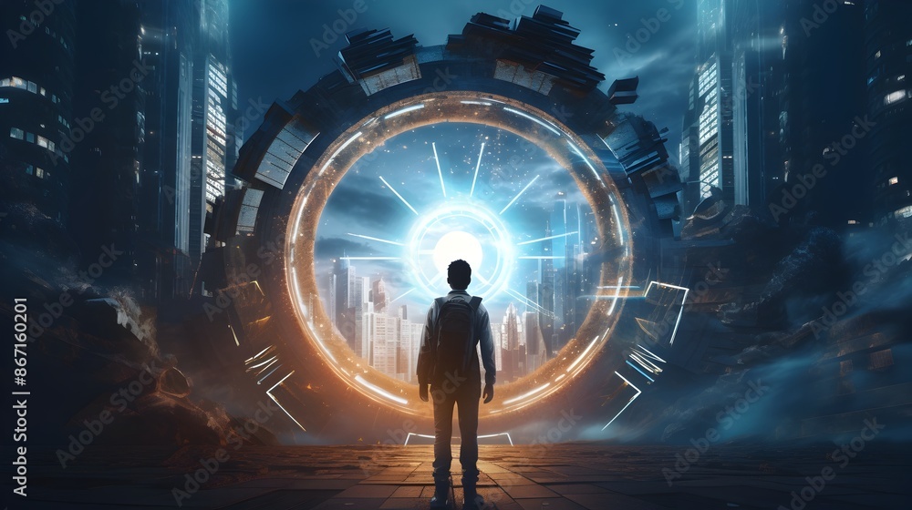 Time Traveler Emerges into a Dystopian Future Cityscape through a ...