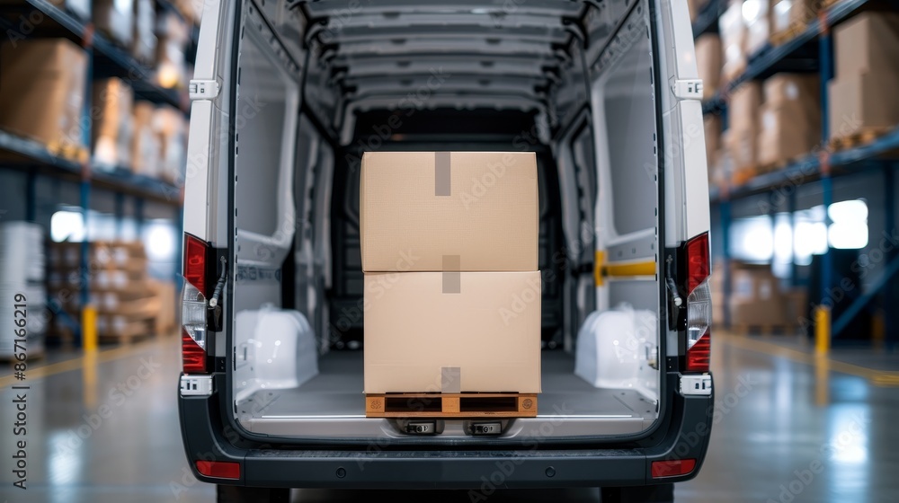 Loaded delivery van at logistics center, open back door showing ...