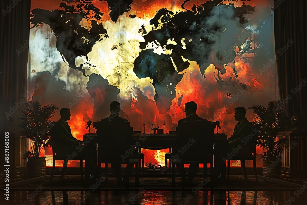 Group of men around a table with a large map plotting a plan. Stock ...