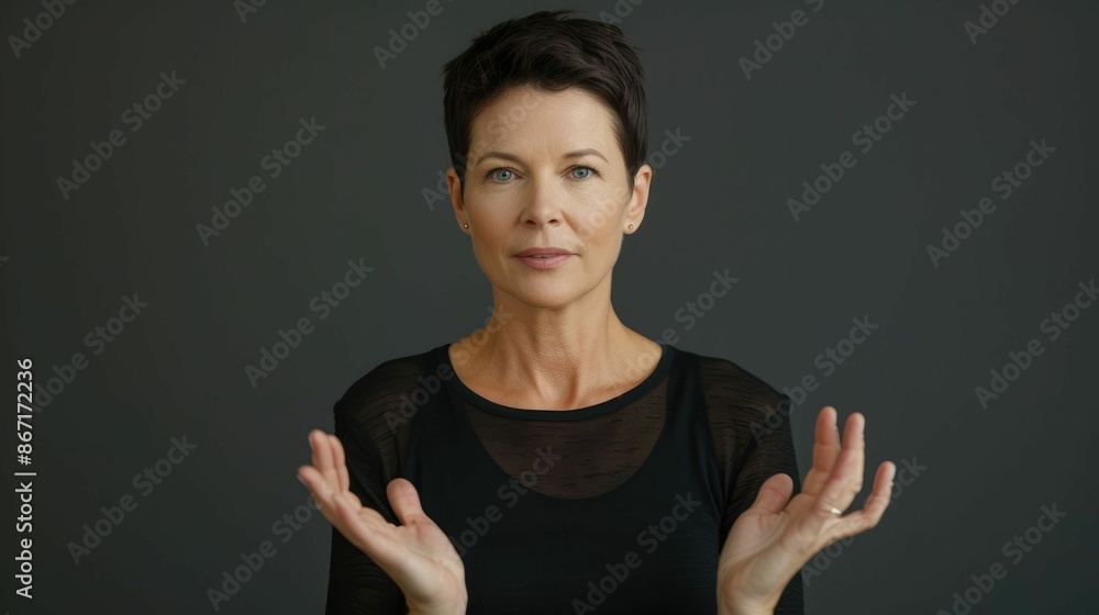 The picture of the interpreter is using the hand signal with the black ...