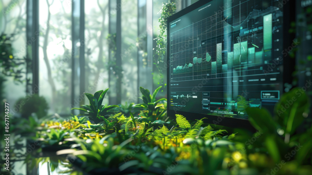 Technology integrated with nature in a modern greenhouse with plants ...