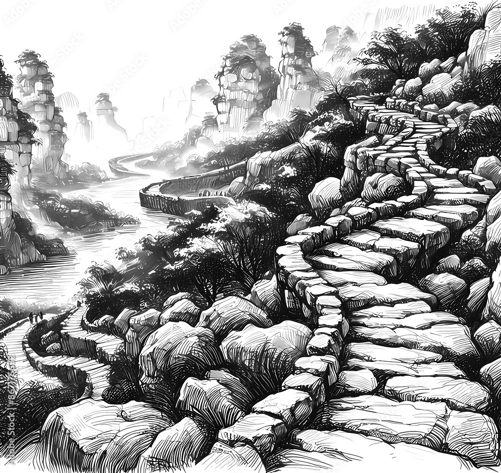 Stone pathway tranquil misty forest sketch, transparent misty path ...