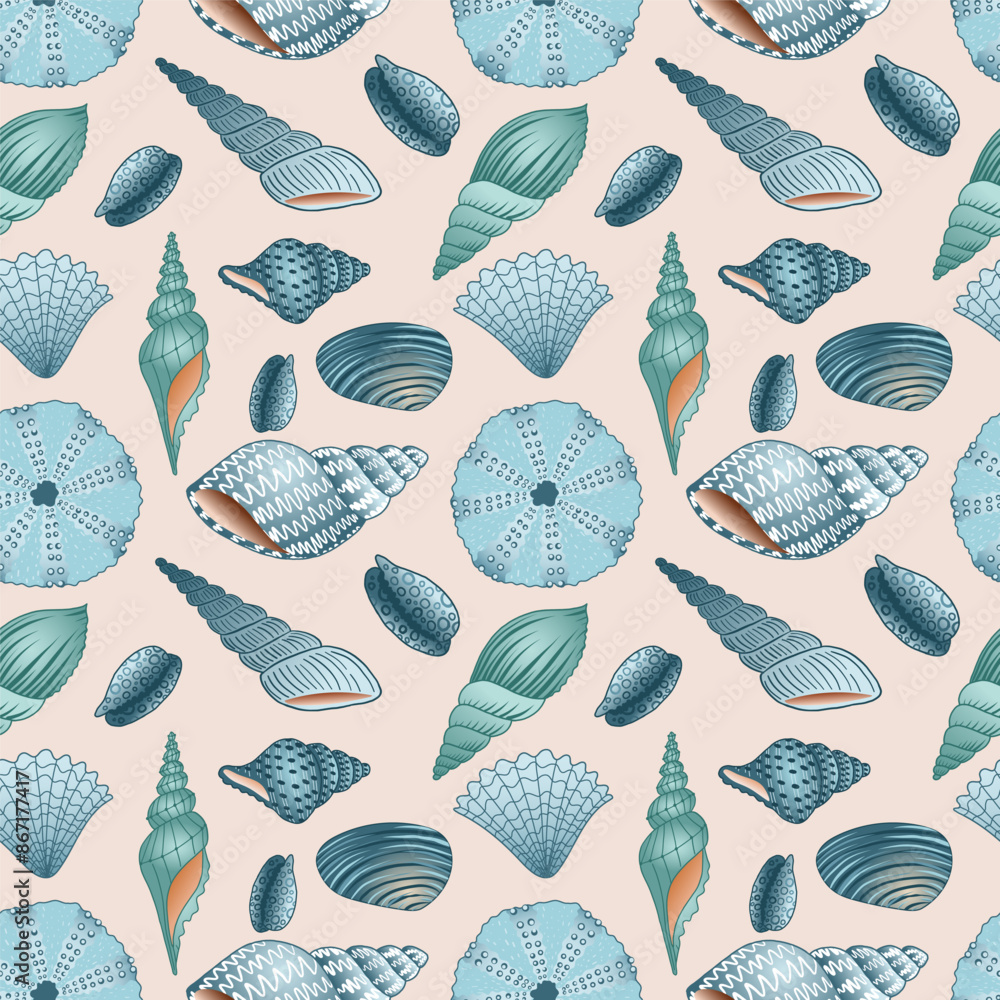 Coastal vintage seamless pattern with turquoise shells. Vector drawing ...