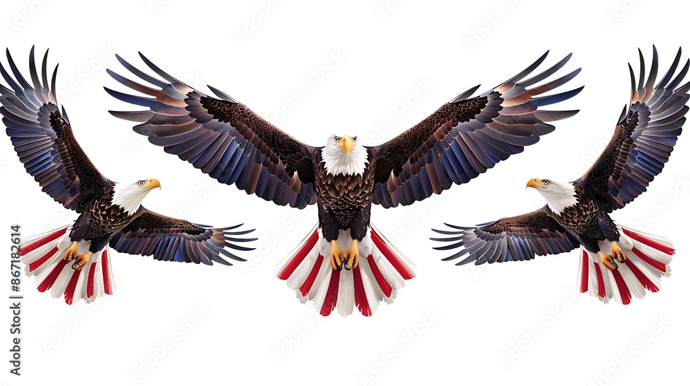 3 different american bald eagle with red white and blue wings spread ...