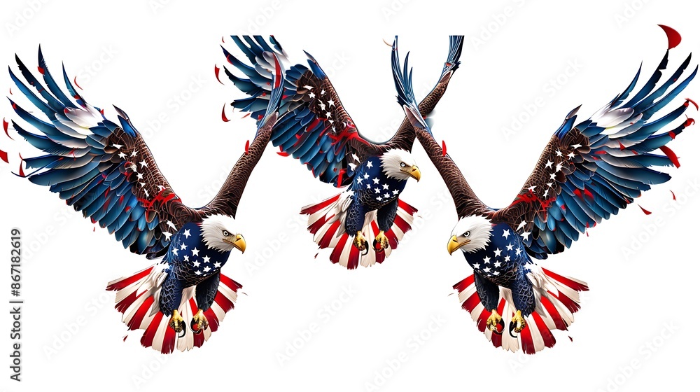 3 different american bald eagle with red white and blue wings spread ...