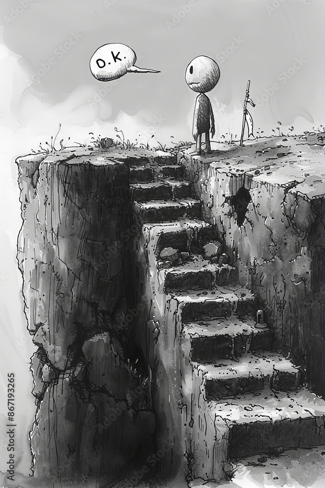 This conceptual monochrome drawing features a businessman ascending ...