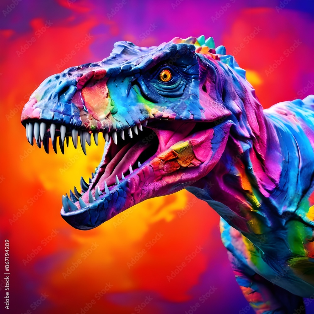 Abstract of Tyrannosaurus rex or T-rex dinosaur portrait in Cretaceous ...
