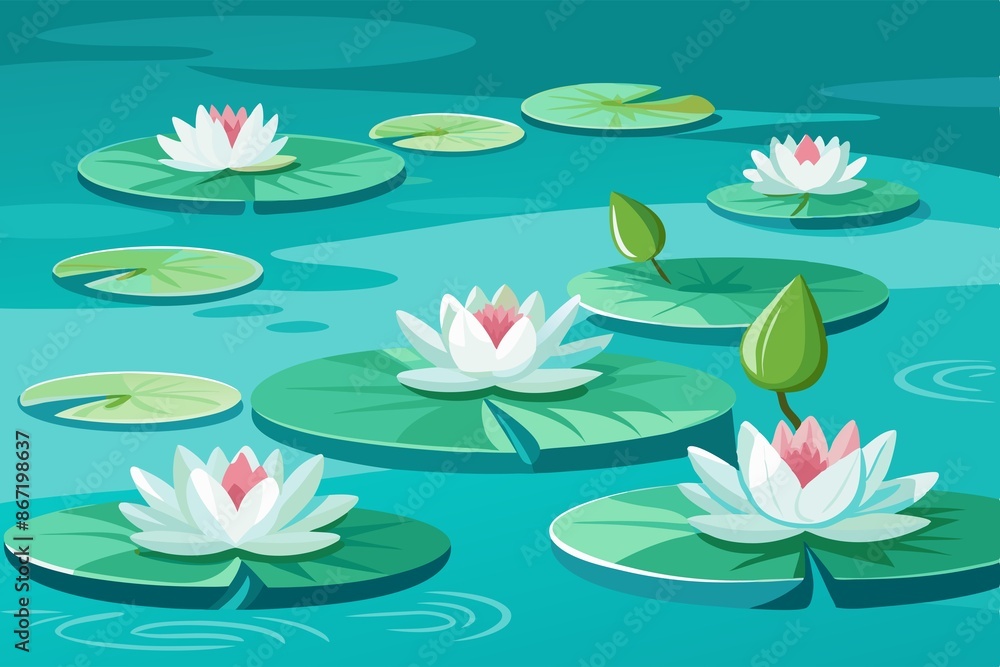 turquoise, pool, water lilies, Delicate water lilies floating on the ...