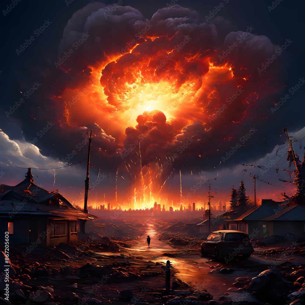 Foto de Nuclear explosion of an atom bomb with a mushroom cloud causing ...