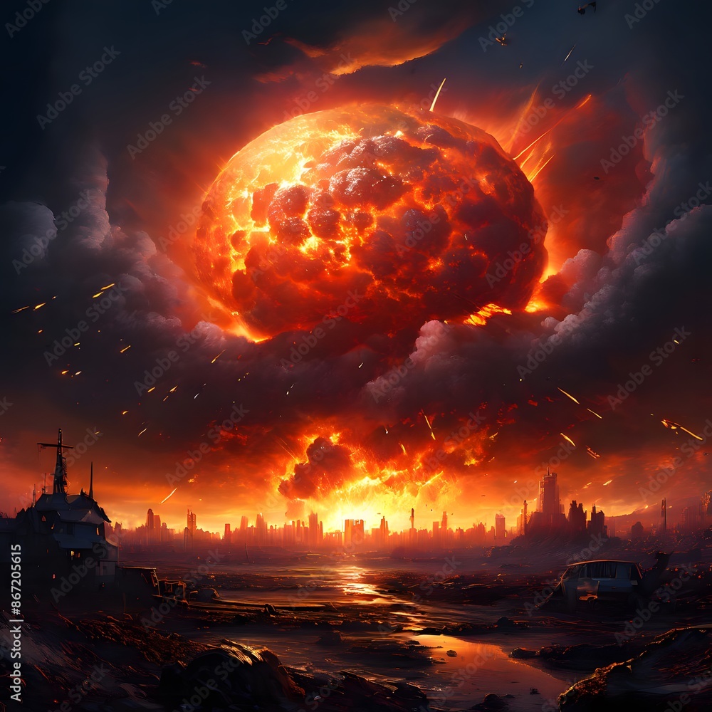 Nuclear explosion of an atom bomb with a mushroom cloud causing an ...