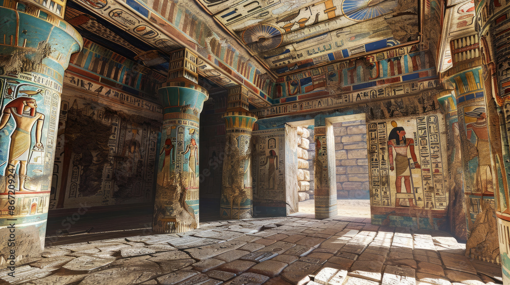 Ancient Egyptian Temple Interior with Hieroglyphs and Colorful Wall ...