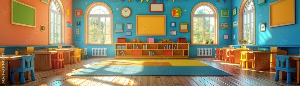 Charming classroom cartoon fun flat design front view study theme 3D ...