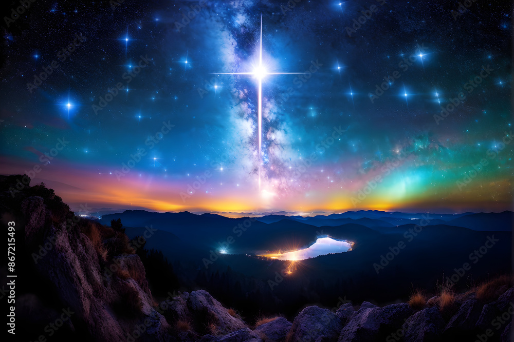 A bright and large star shines brightly, blessing baby Jesus in the ...