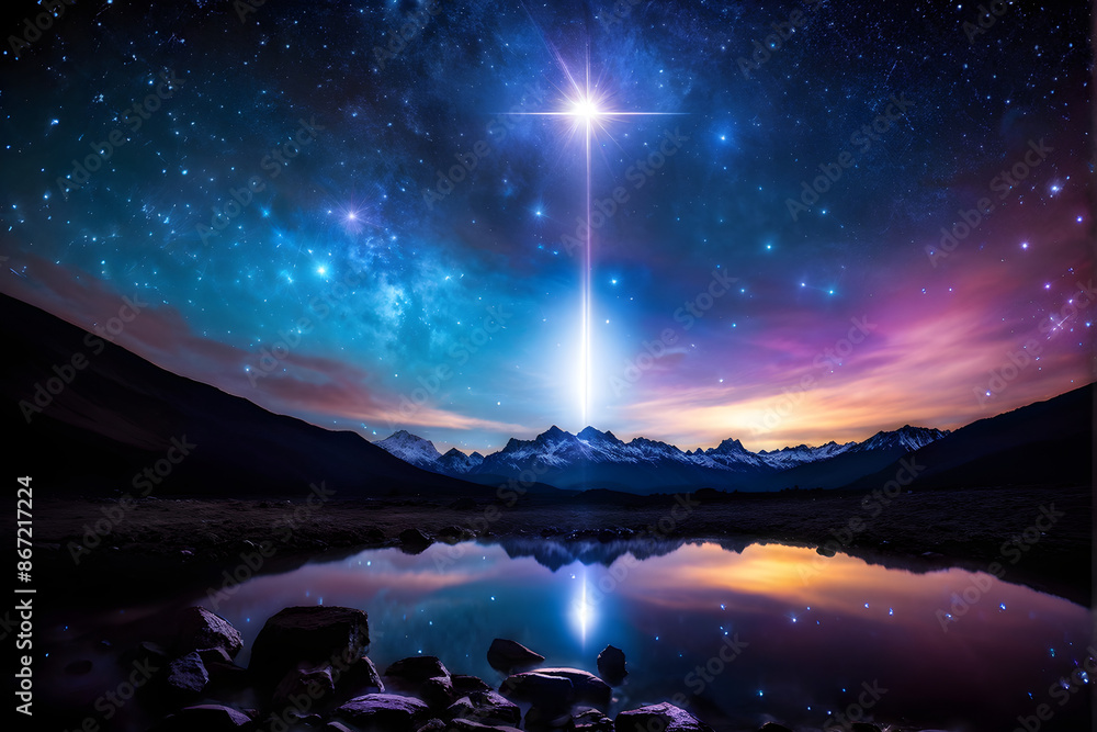 A bright and large star shines brightly, blessing baby Jesus in the ...