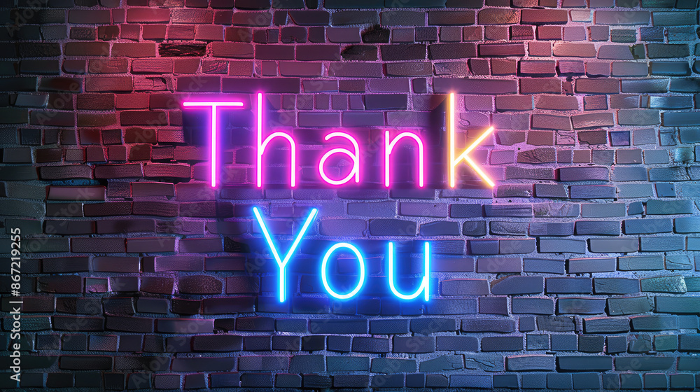 Playful "Thank You" in vibrant rainbow neon lights on a textured brick ...