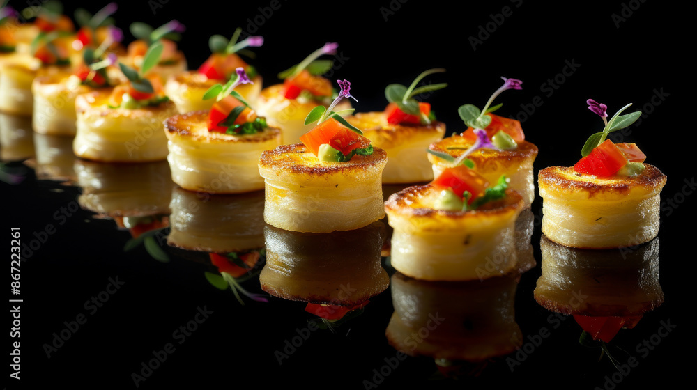 High-quality photograph of the potato canapés, the black background ...