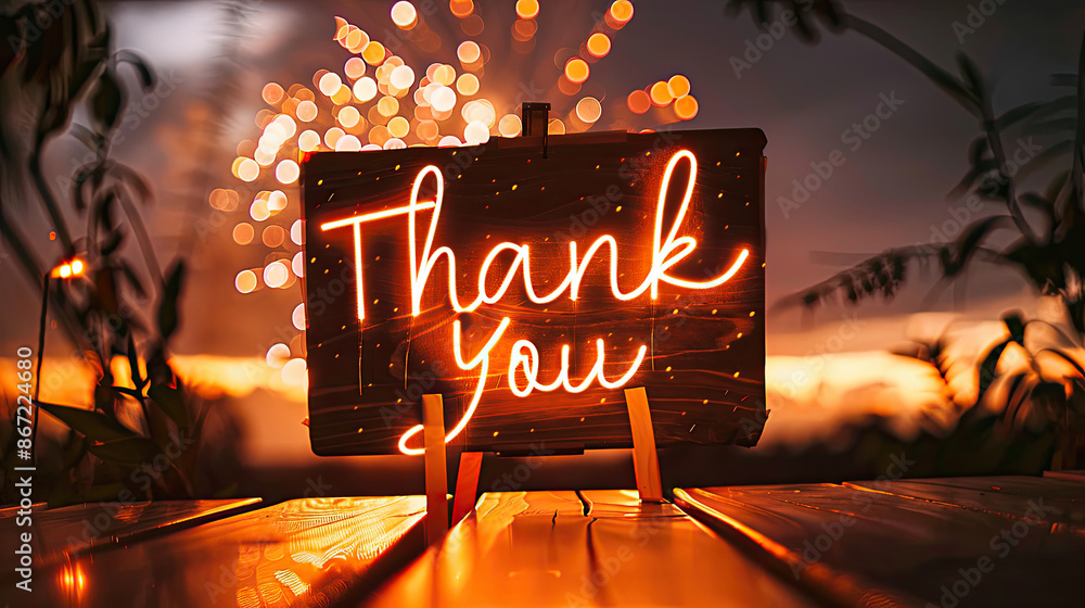 Rustic "Thank You" in earthy tones against a warm sunset sky, fireworks ...