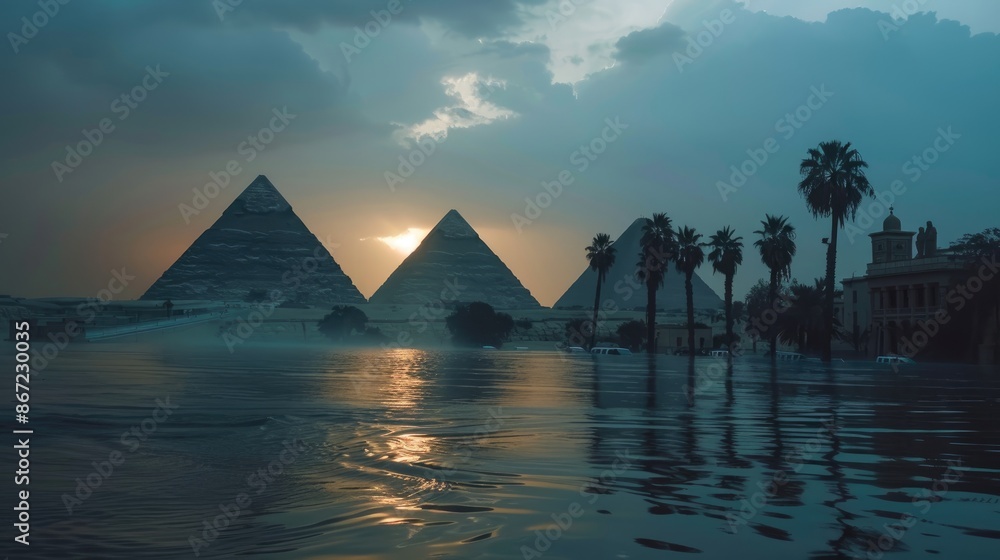 Evocative shot of Egyptian pyramids with the Nile flooding, capturing ...