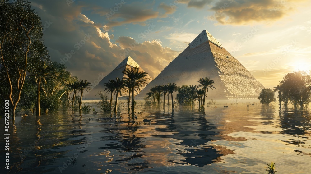 Evocative shot of Egyptian pyramids with the Nile flooding, capturing ...