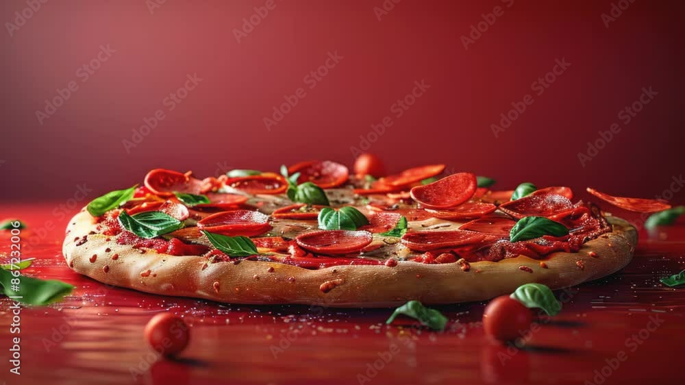 Explosion of a pepperoni pizza with its ingredients floating in the air ...