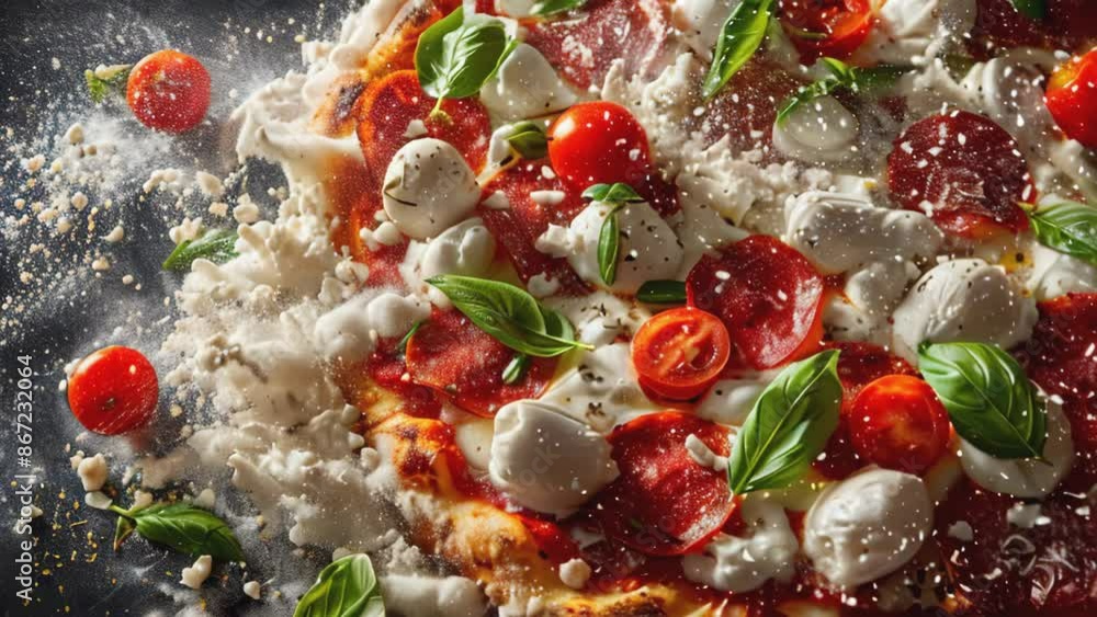 Explosion of a pepperoni pizza with its ingredients floating in the air ...