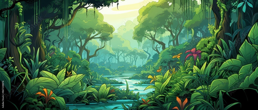 Lush cartoon jungle scene with river, ideal for animation background or ...