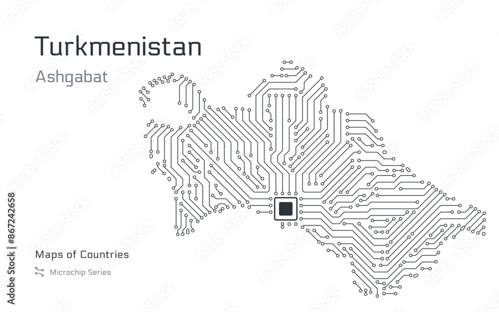Turkmenistan Map with a capital of Ashgabat Shown in a Microchip ...