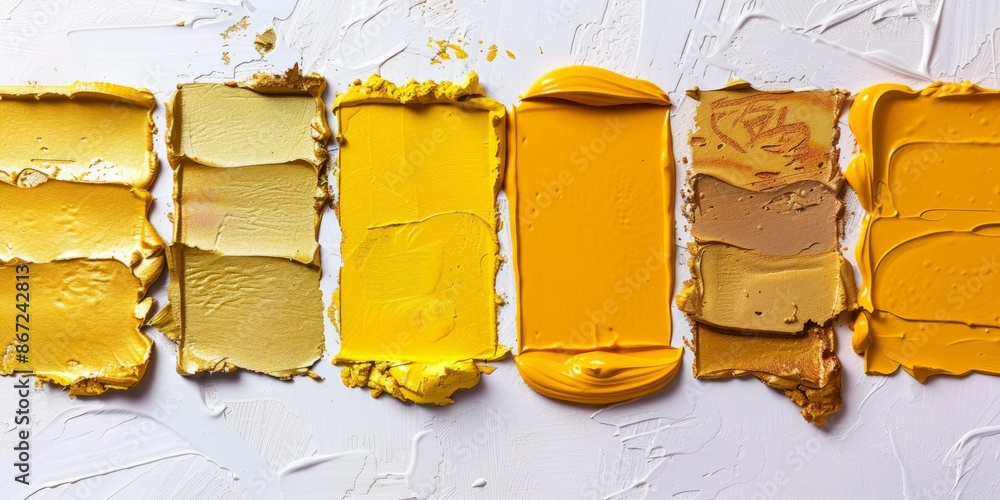 Vibrant and textured yellow paint swatches applied with palette knives ...