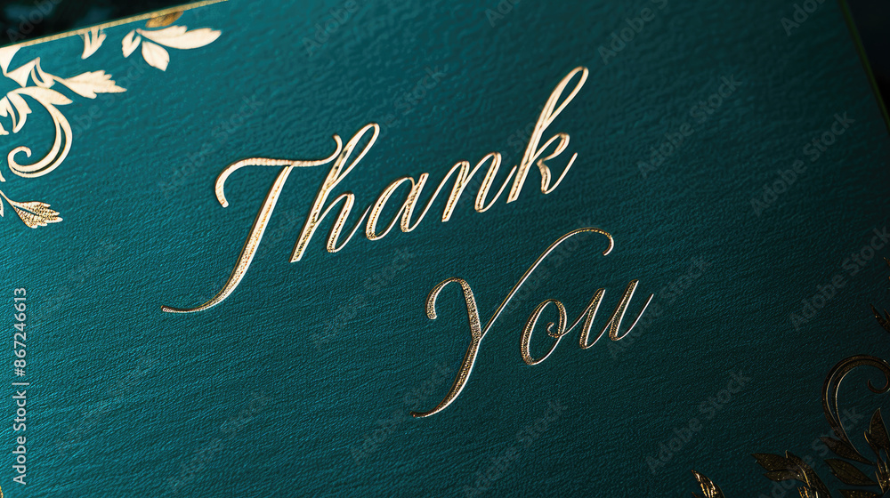 "Thank You" in elegant gold script on a rich emerald green card. Golden ...