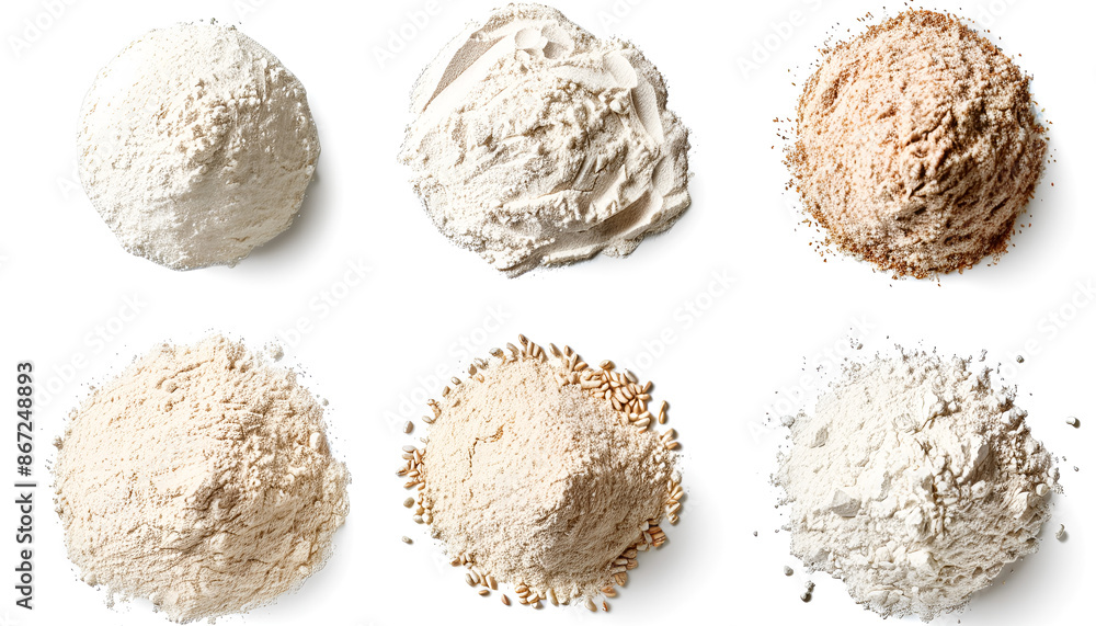 Different types of flour on white background, top and side views ...