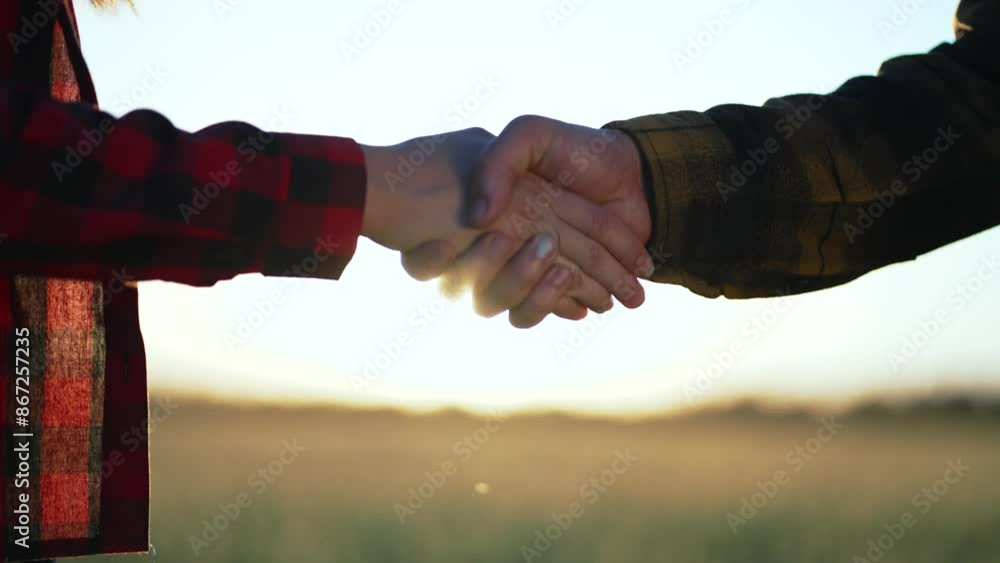 Farmers shaking hands in wheat field. Close up farmer collaboration in ...