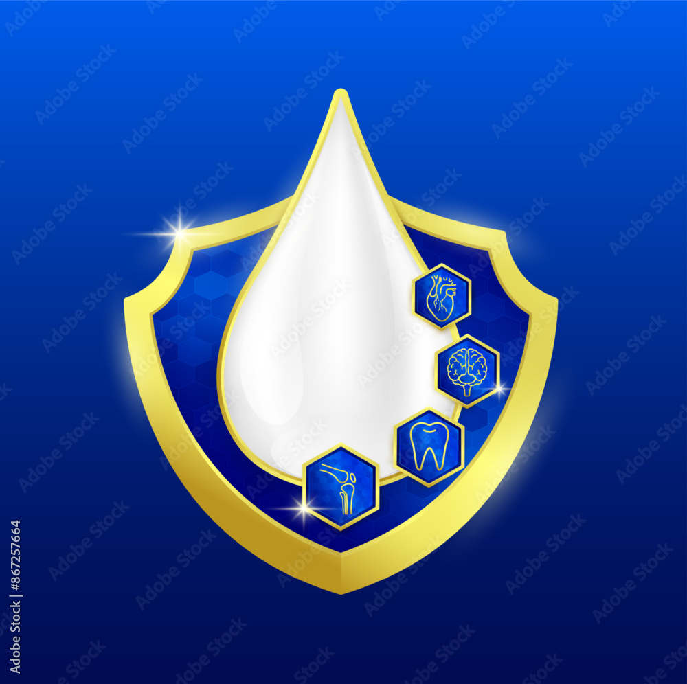 Milk droplets in gold shield on dark blue background for products ...
