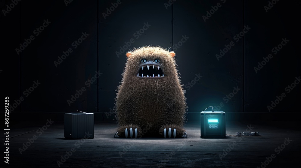 Fuzzy bear-like creature with glowing aura in dark room. Sharp teeth ...